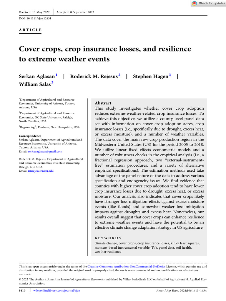 American J Agri Economics - 2023 - Aglasan - Cover Crops Crop Insurance ...
