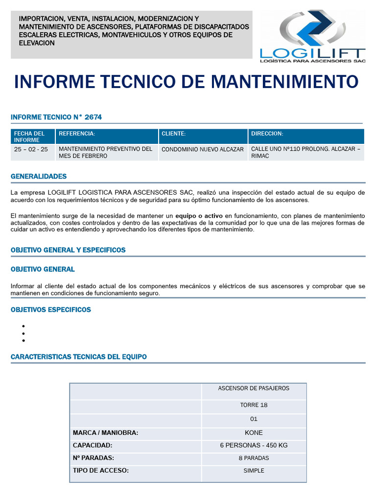Informe Técnico Nº2674 - Mtto Febrero - T18 Asc 1 y 2 | PDF | Ascensor | Ingeniería mecánica