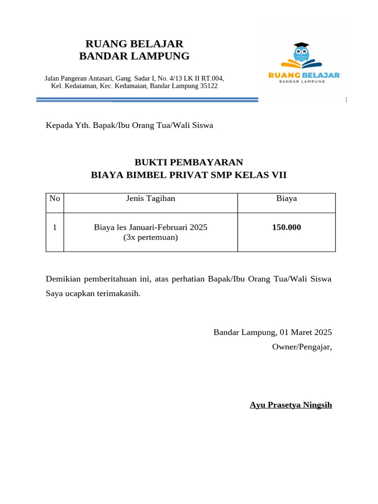 Biaya dan Absensi Bimbel SMP Bandar Lampung | PDF