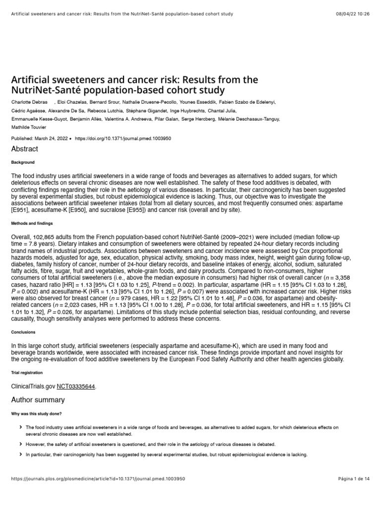 Artificial Sweeteners and Cancer Risk: Results From The NutriNet-Santé ...