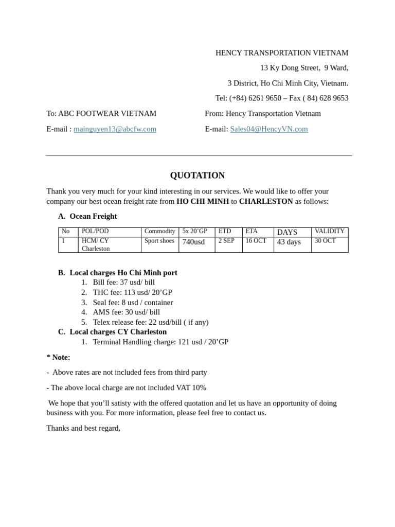 Quotationhency Transportation Vietnam | PDF