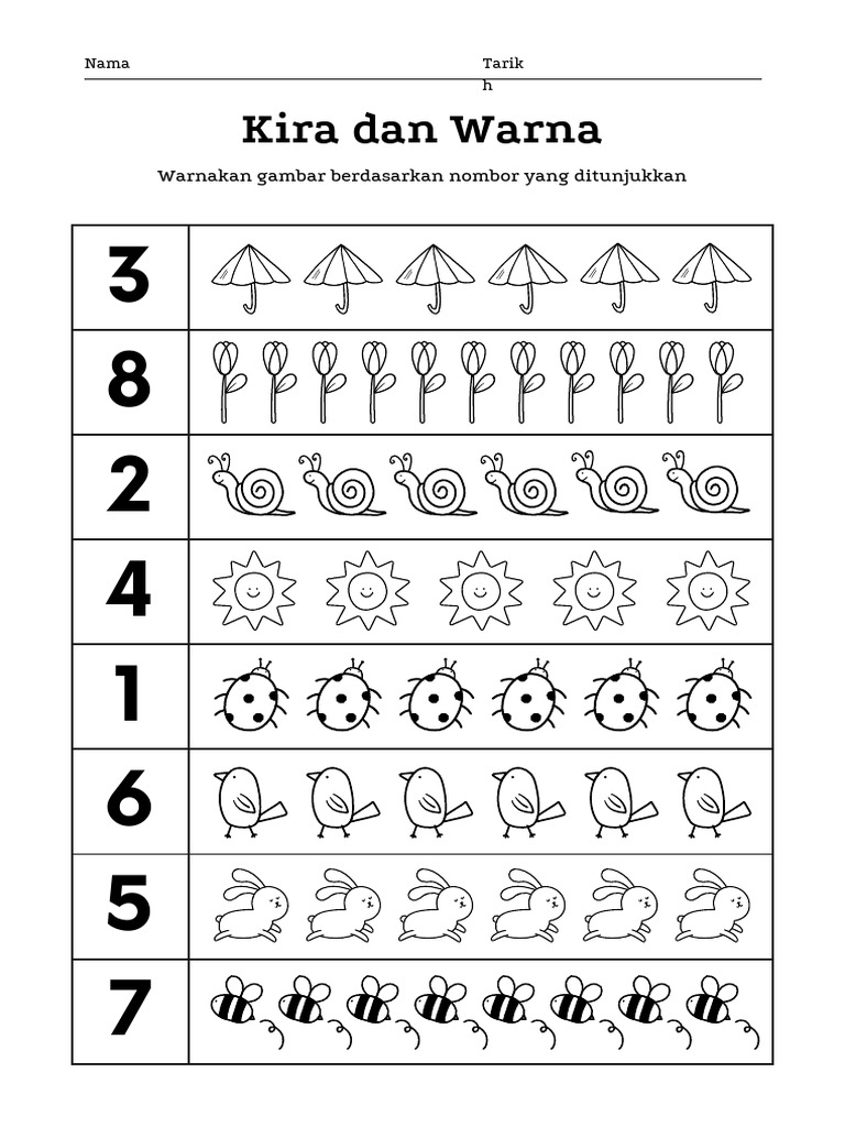 Spring Count and Color Math Worksheet in Monochromatic Minimalist Style ...