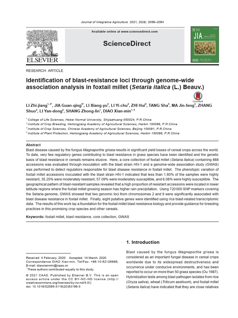 Blast Resistance Loci Through GWAS SNP in Foxtail Millet | PDF | Plant ...