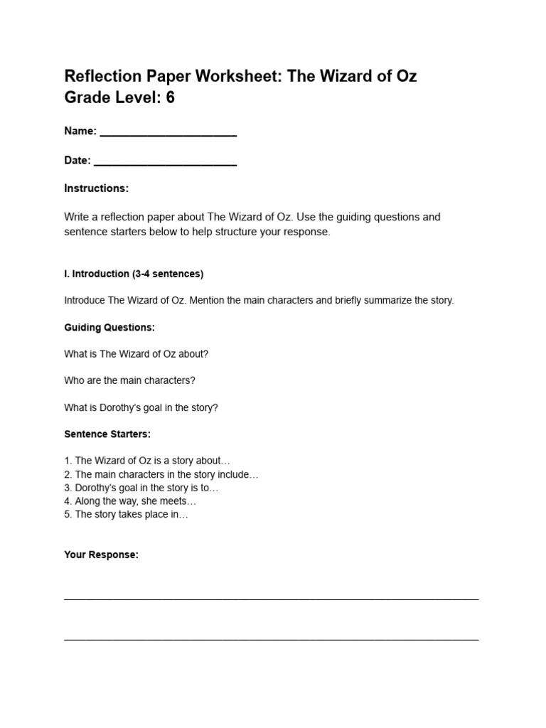 Reflection Paper Worksheet- The Wizard of Oz | PDF | Dorothy Gale | Oz (Franchise)