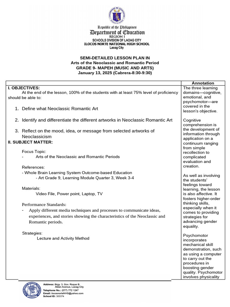 Semidetailed Lesson Plan-MUSIC Q1 | PDF | Romanticism | Teachers