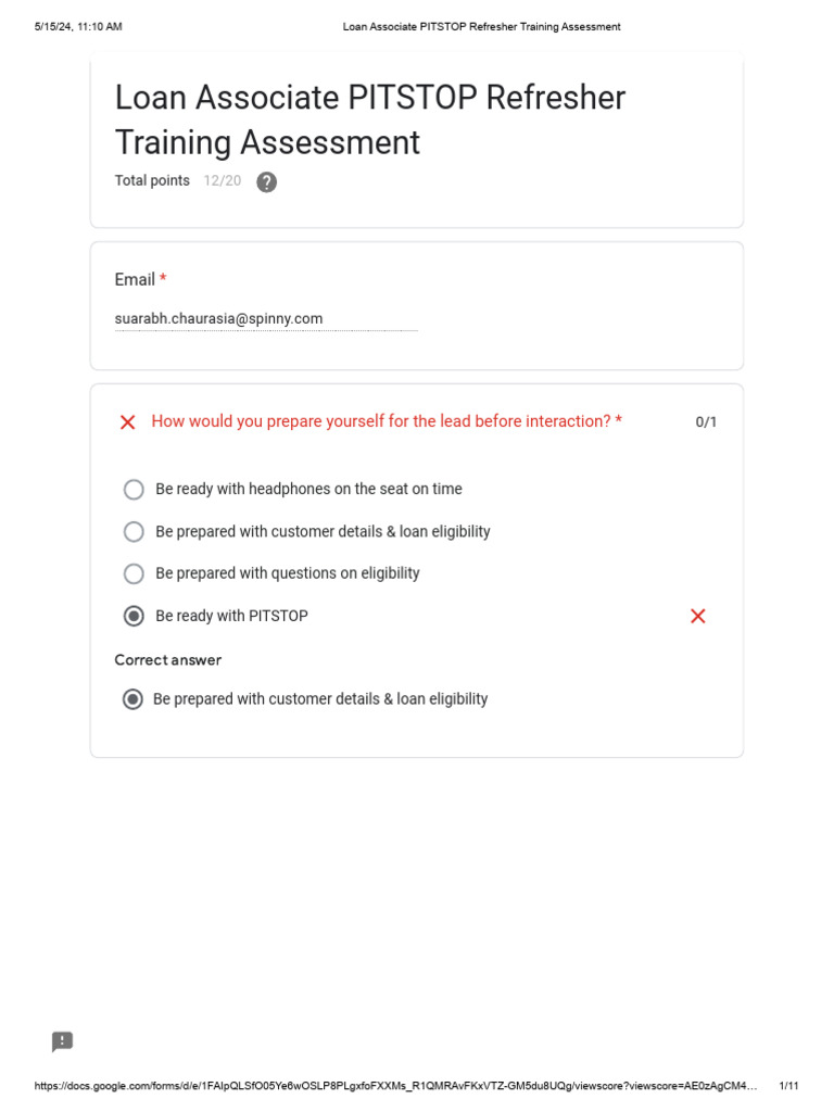 Loan Associate PITSTOP Refresher Training Assessment | PDF | Knowledge | Psychological Concepts