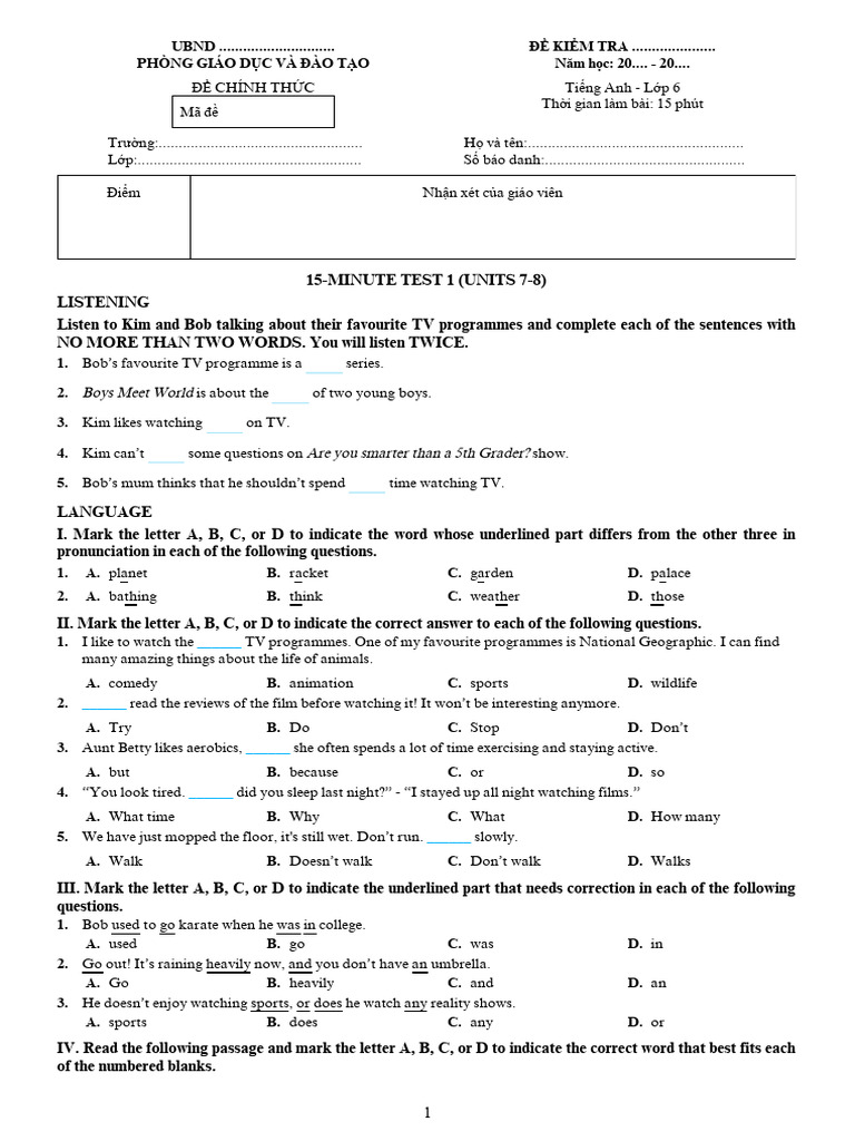 Hoclieu - 15-MINUTE TEST 1 (UNITS 7-8) | PDF | Sports | Ball Games