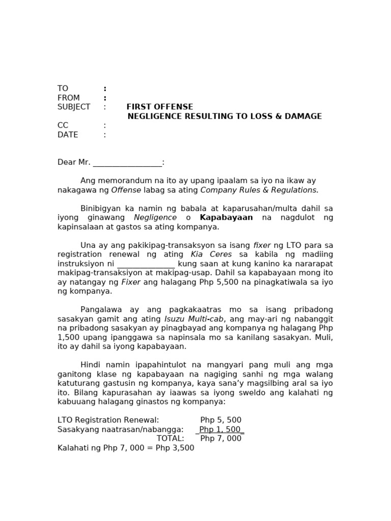1st Offense-Negligence Resulting To Loss Damage TAGALOG | PDF