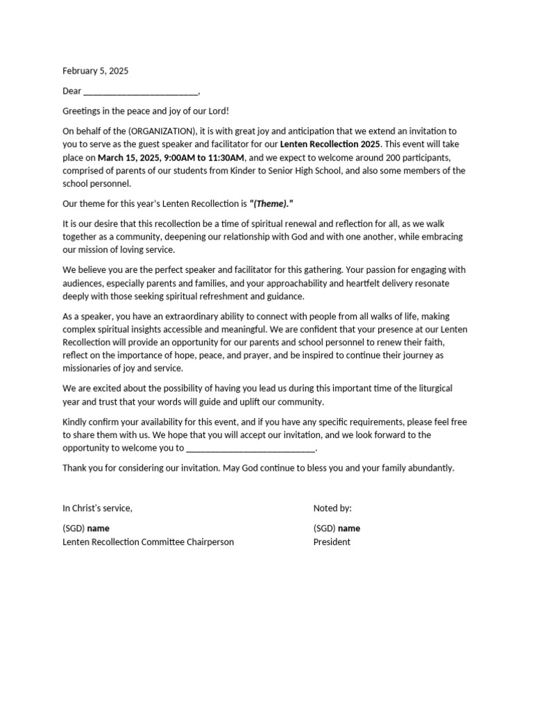 Letter of Invitation To Lenten Recollection Speaker | PDF