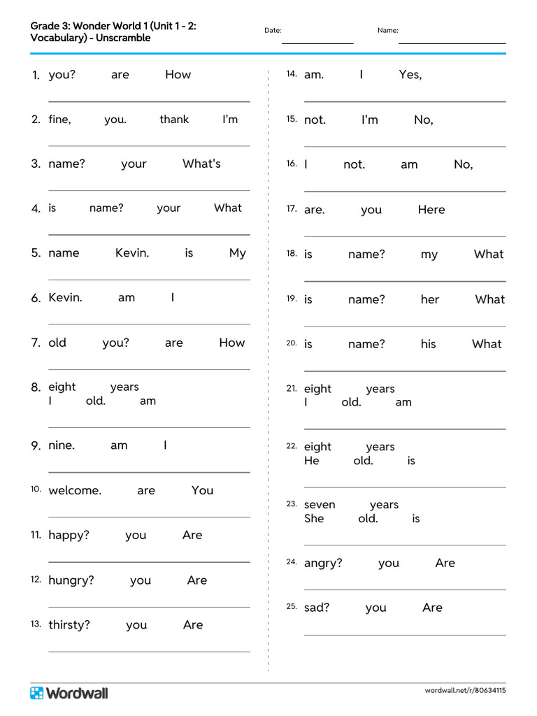 Grade 3 Wonder World 1 Unit 1 2 Vocabulary Unscramble Unjumble | PDF
