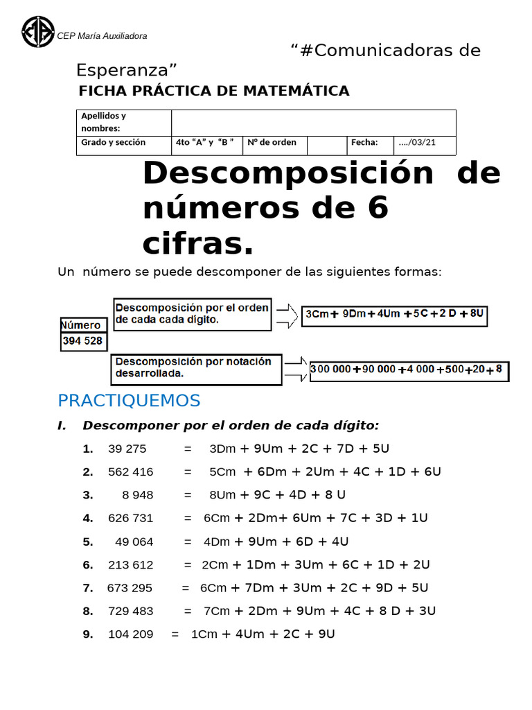 Descomposición de Números de 6 Cifras | PDF