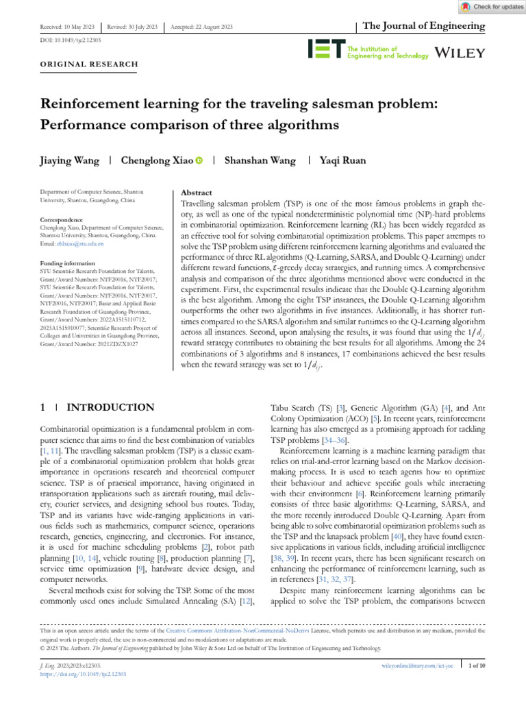 The Journal of Engineering - 2023 - Wang - Reinforcement Learning For The Traveling Salesman ...