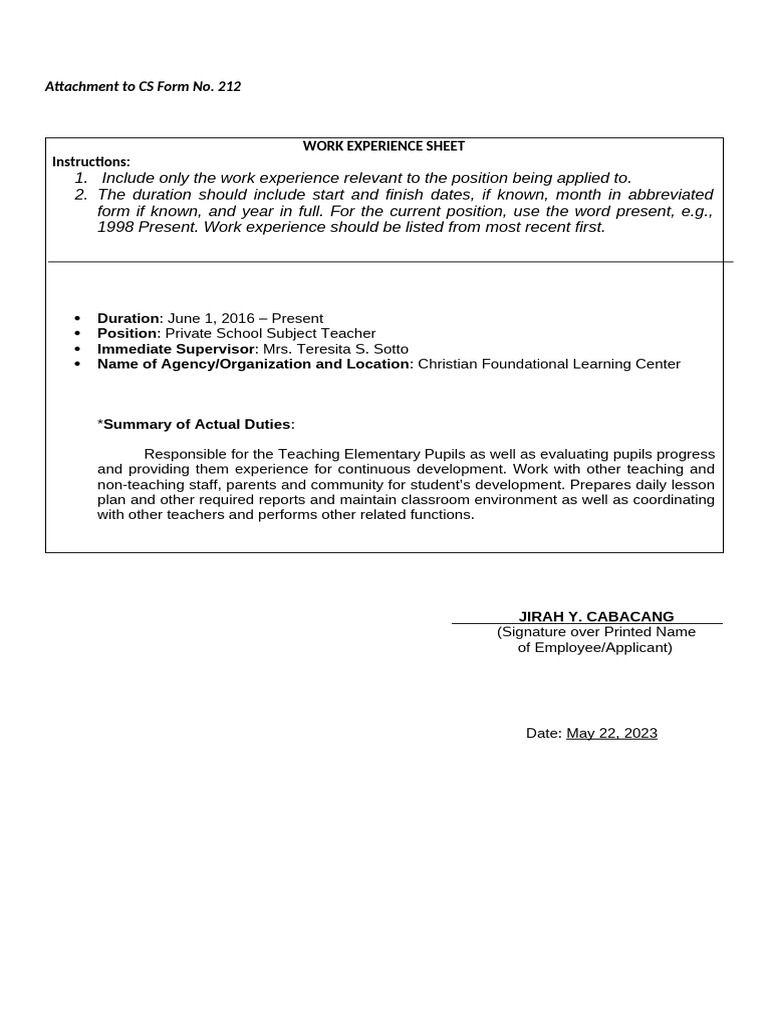 PDS Attachment Work Experience Sheet | PDF