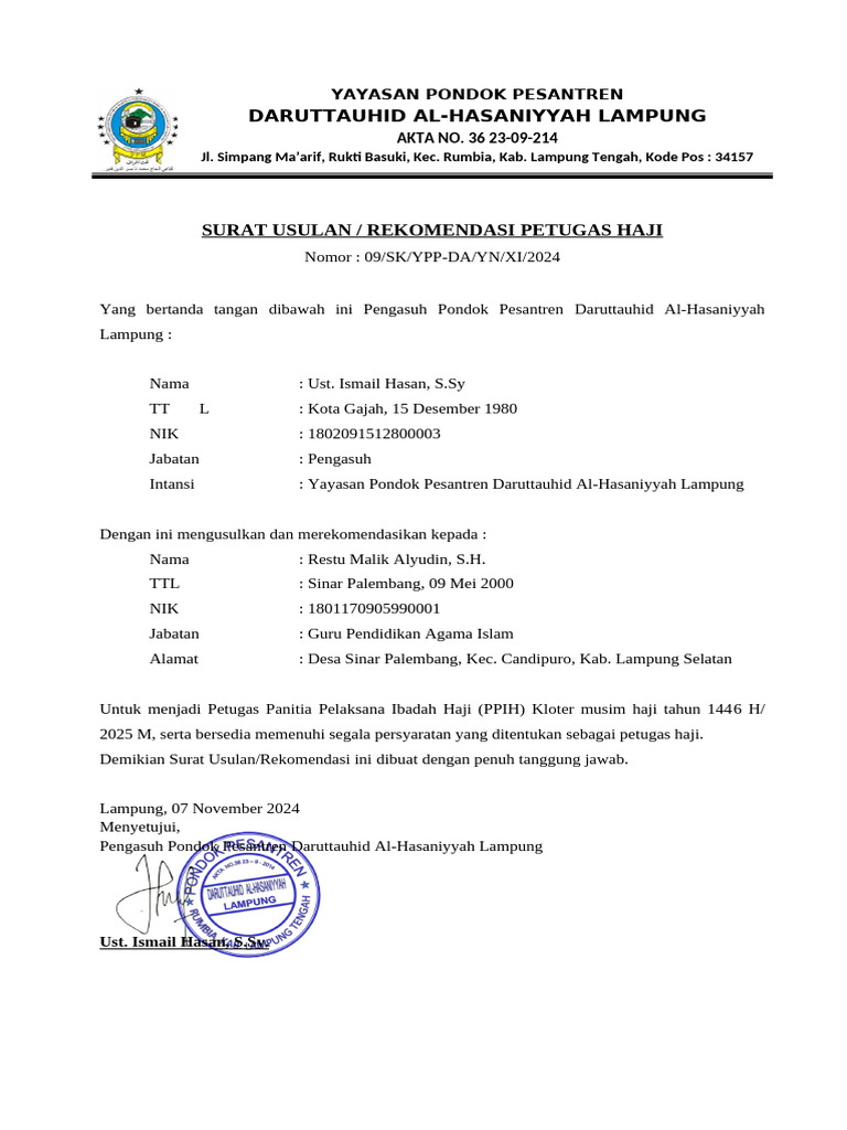 Surat Rekomendasi Petugas Haji | PDF
