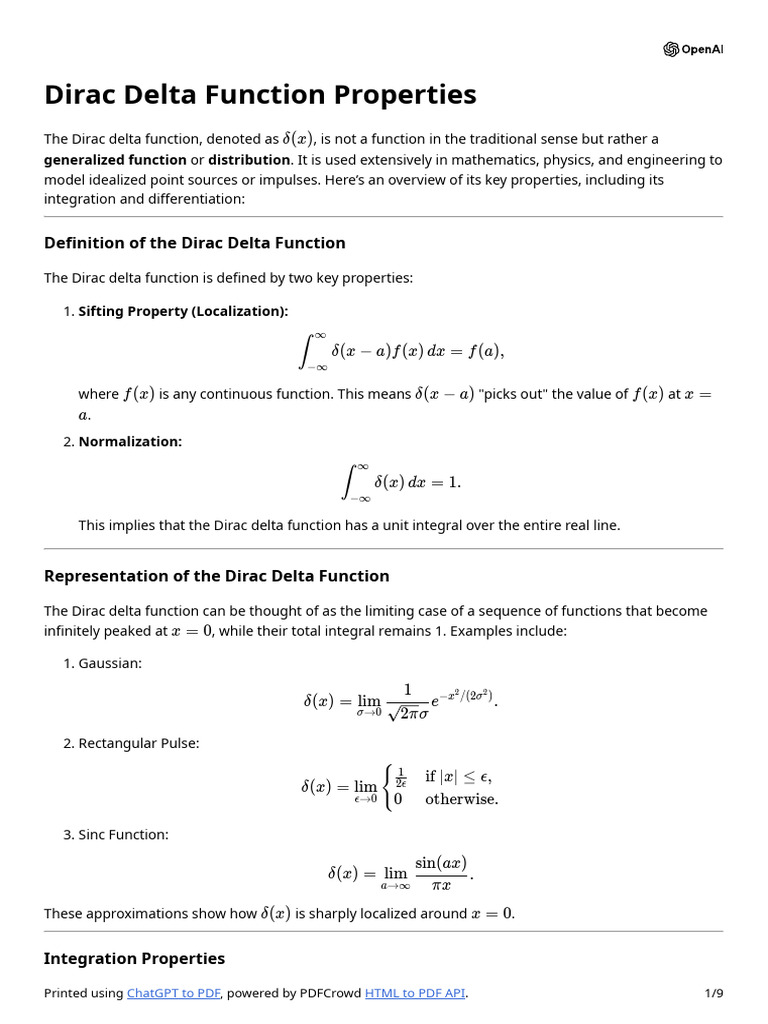 Dirac Delta Function Properties | PDF | Fourier Transform | Green's Function
