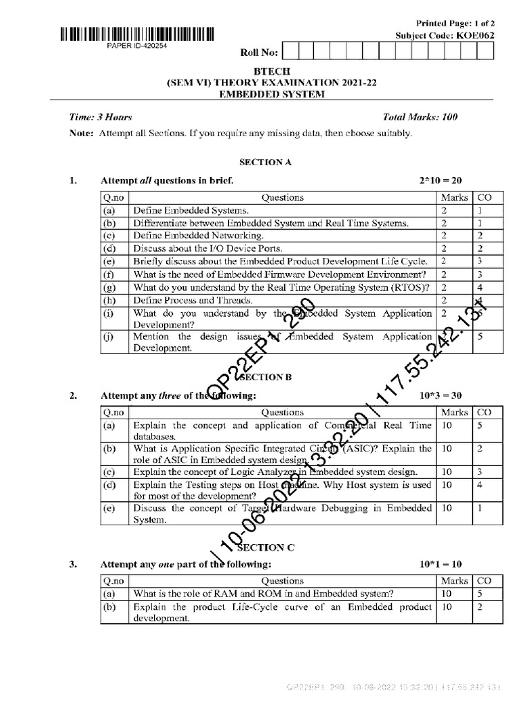 Btech Oe 6 Sem Embedded System Koe062 2022 (1) | PDF