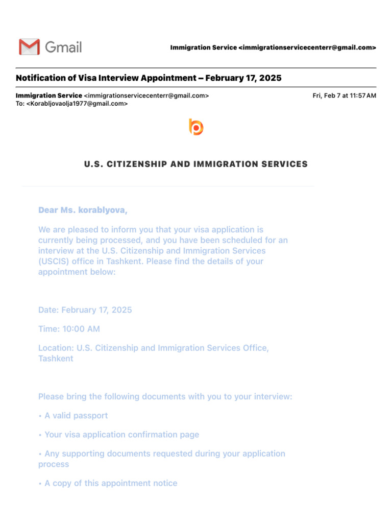 Visa Interview Appointment Notification | PDF