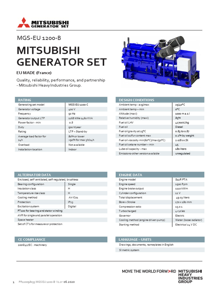 Mitsubishi MGS-EU 1200-B Generator Specs | PDF | Engines | Electric ...