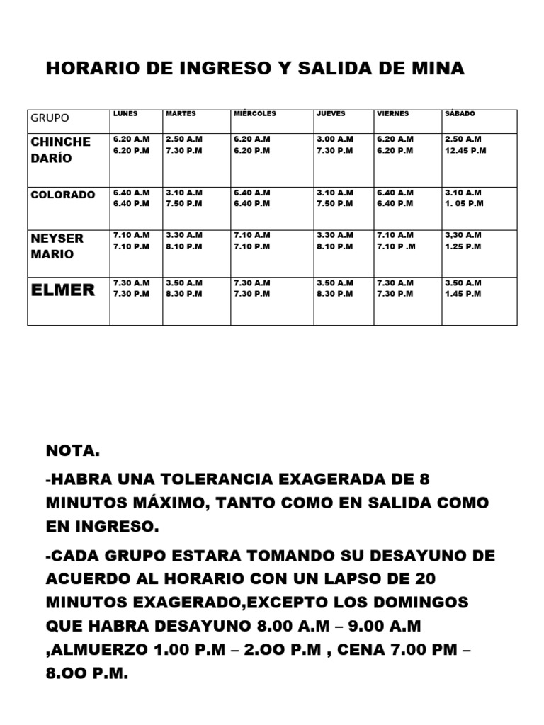 Horario de Ingreso y Salida de Mina | PDF