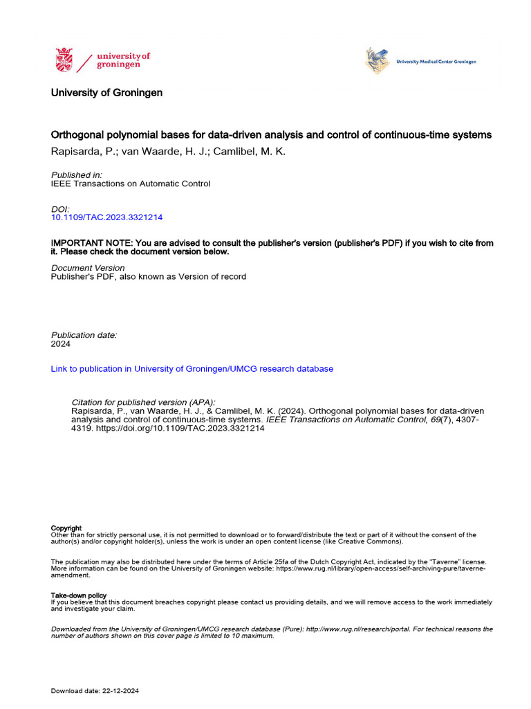 Orthogonal Polynomial Bases For Data-Driven Analysis and Control of Continuous-Time Systems ...