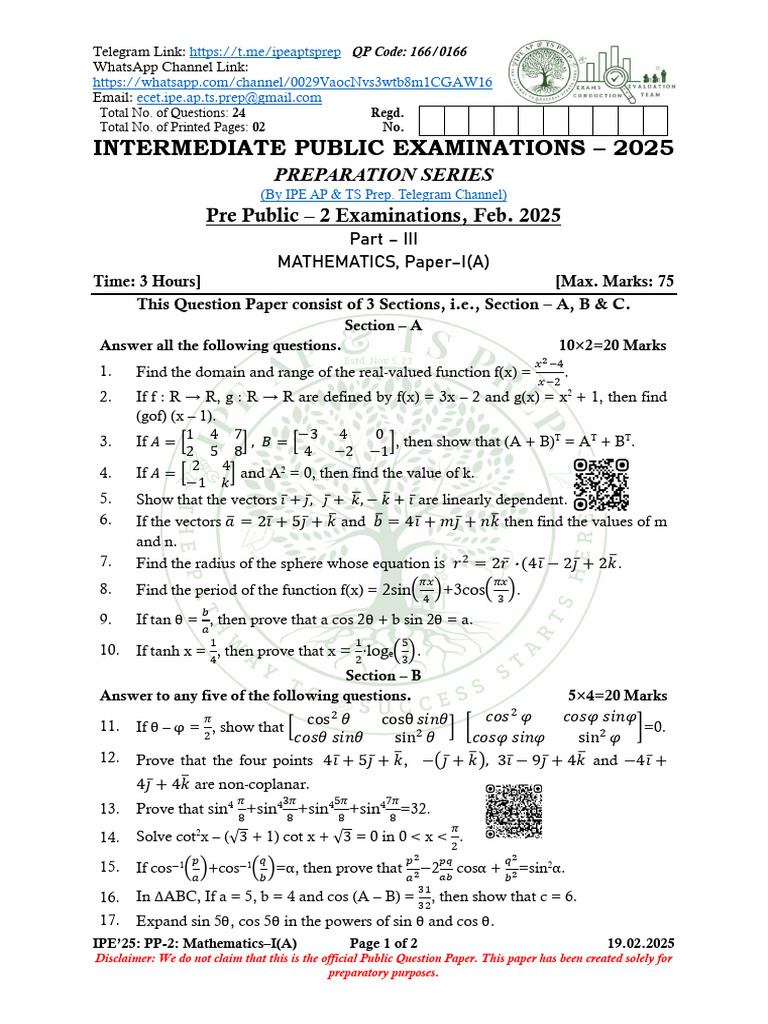 IPE'25 PP-2 Mathematics-I (A) | PDF | Function (Mathematics) | Mathematical Relations