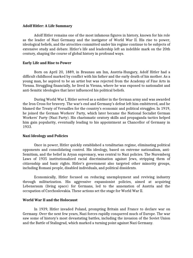 Adolf Hitler: Life and Legacy Summary | PDF | Nazi Germany | Adolf Hitler
