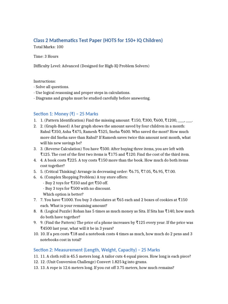 Class 2 Maths HOTS Test Paper | PDF | Toys