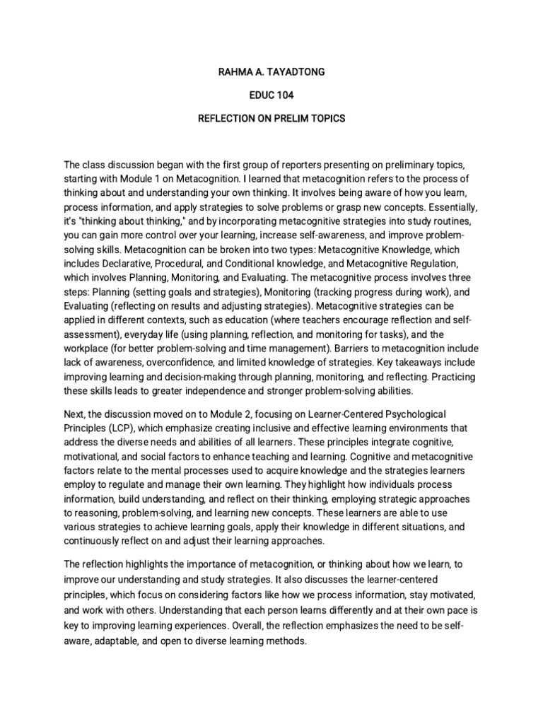 Reflection On Prelim Topics | PDF | Metacognition | Learning