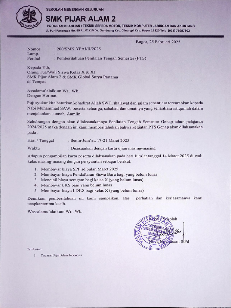 Edaran PTS Genap 2025 (X, XI) | PDF