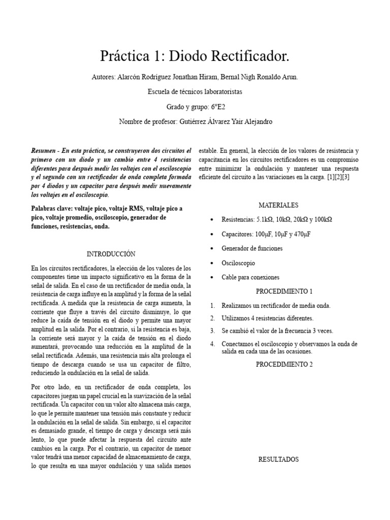 Práctica 1 - Diodo Rectificador - 6E2 | PDF | Rectificador | Red eléctrica