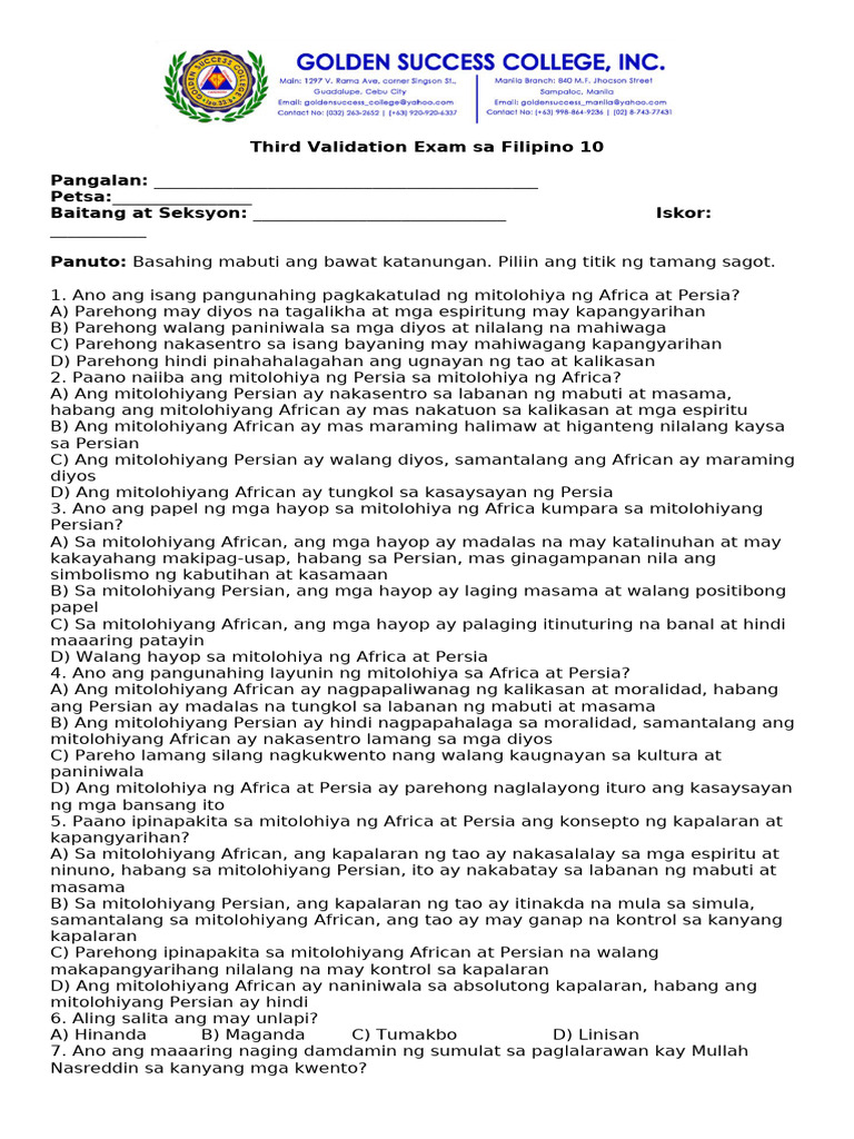 Filipino 10-Validation Exam | PDF