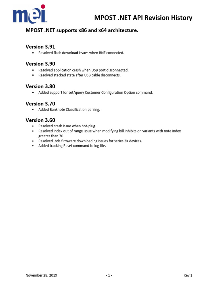 MPOST .NET API Version History | PDF | Component Object Model | Usb