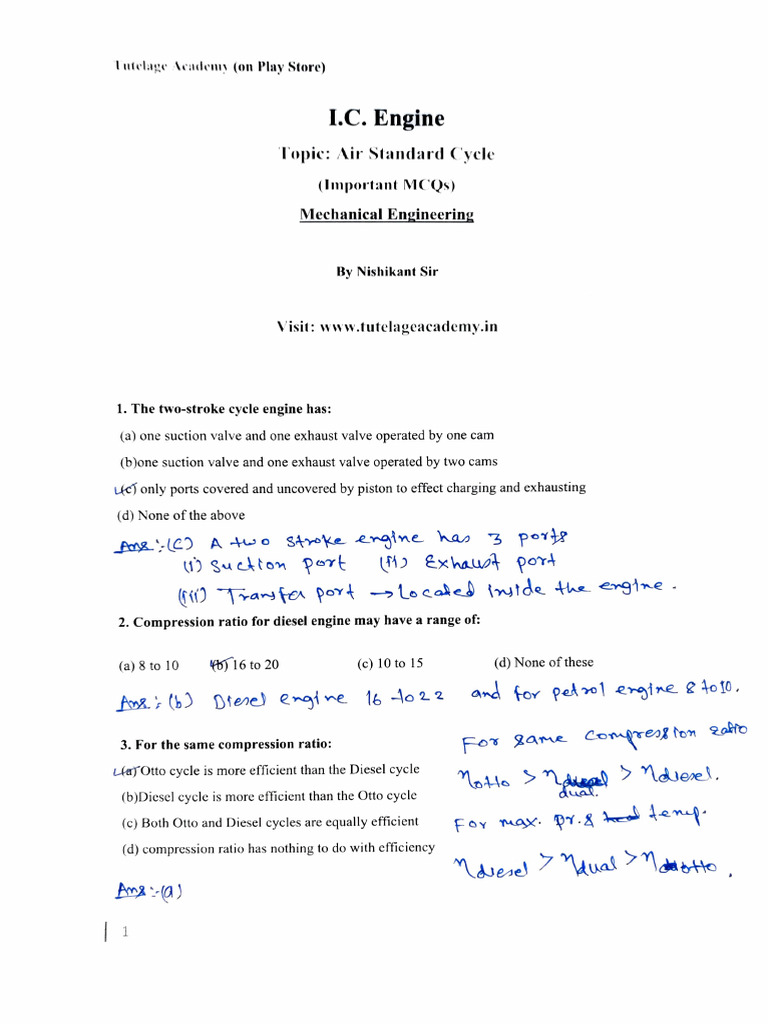Air Standard Cycle MCQs - 27509228 | PDF | Diesel Engine | Engines