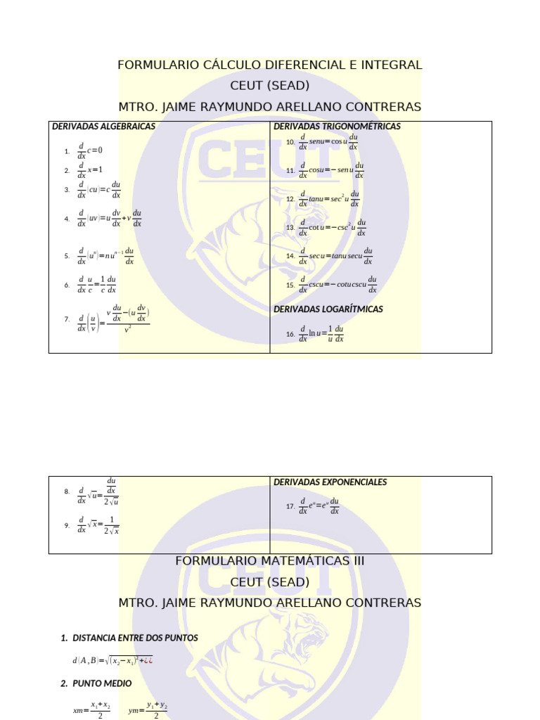 Formulario Cálculo Diferencial e Integral | PDF | Funciones especiales | Matemáticas