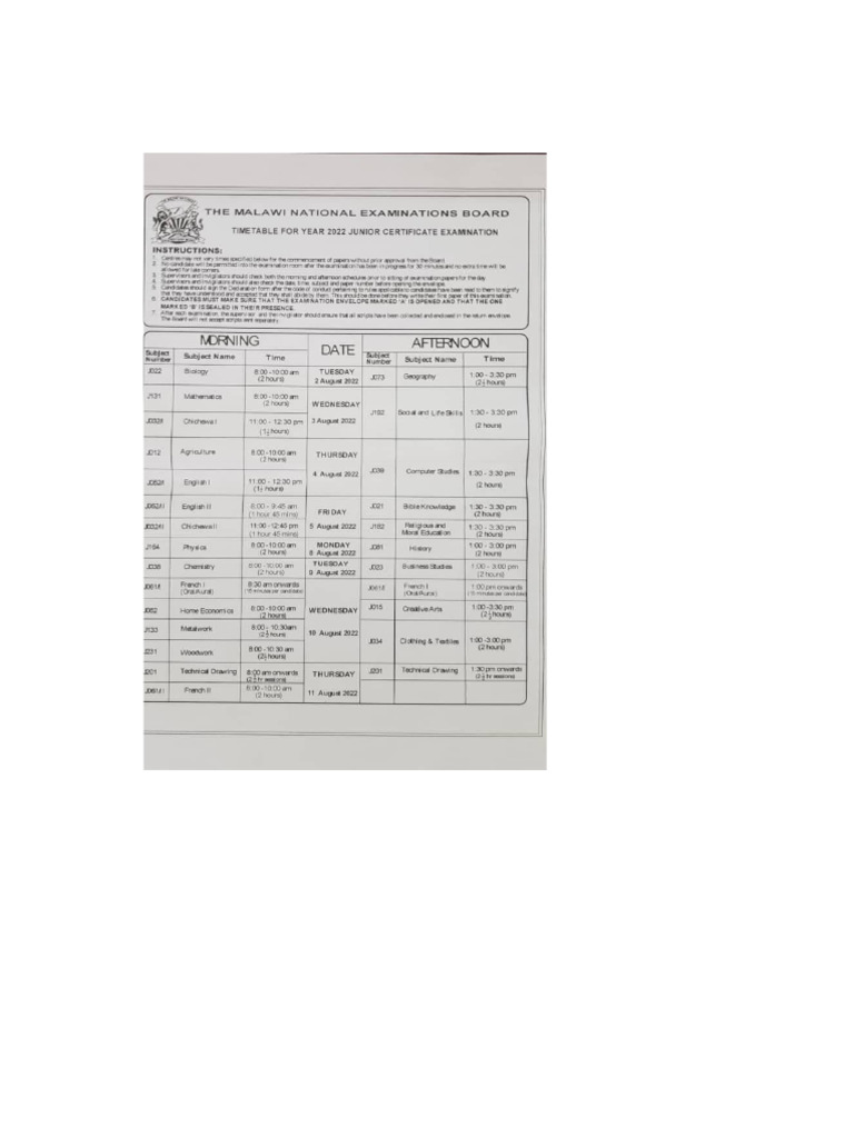 2022 JCE Timetable | PDF
