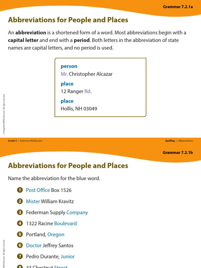 Grade 4 Abbreviation Lessons | PDF | Linguistics | Grammar