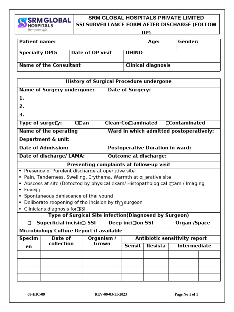 Ssi Surveillance Form After Discharge During Follow Up | PDF