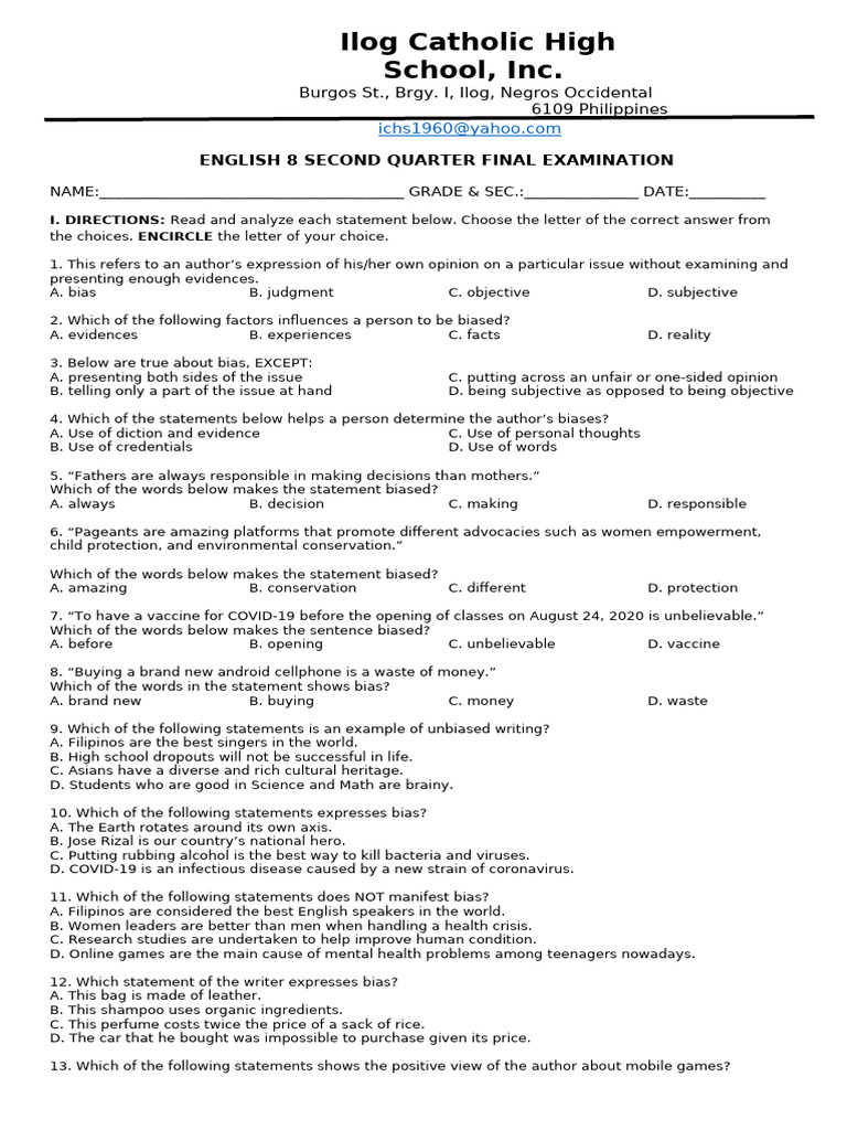 English 8 2ND Qtr. Final Exam | PDF | Bias | Psychology