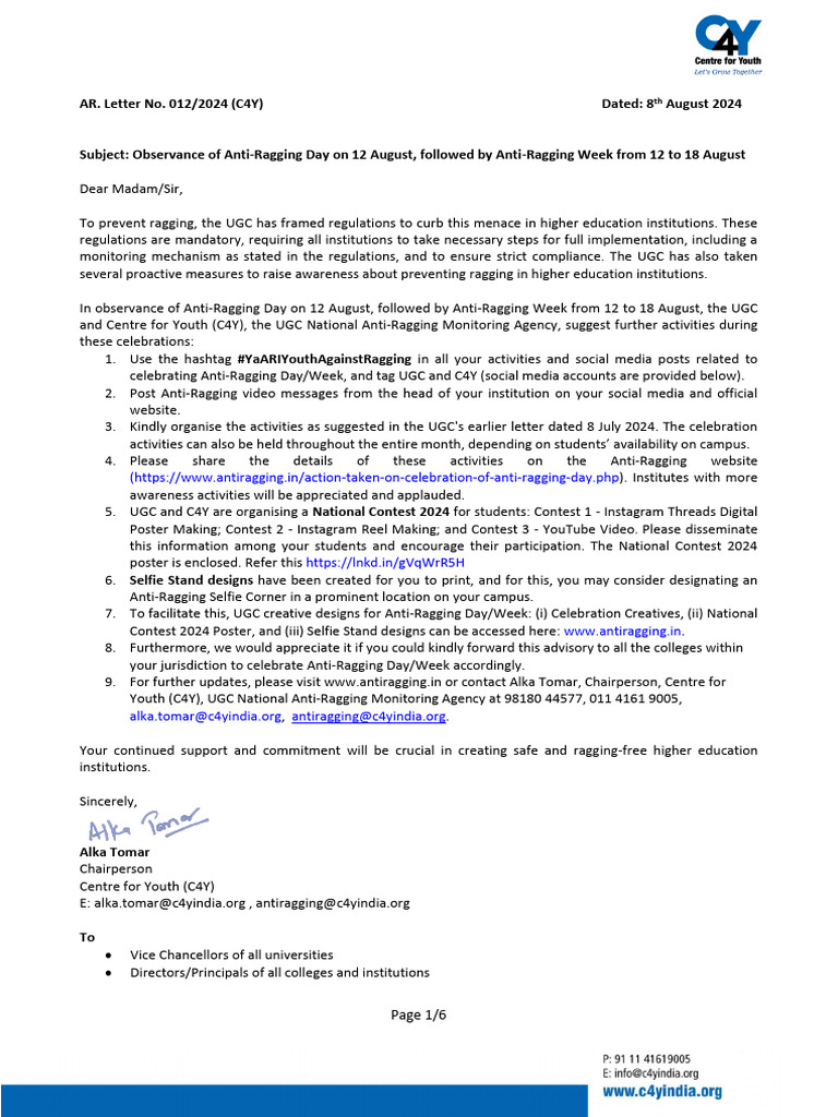 Ugc Monitoring Agency Ragging Day & Week August 8 2024 | PDF | Internet ...