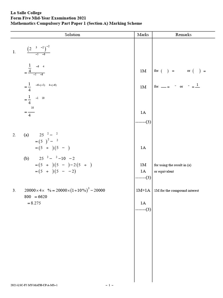 2021 La Salle Math Exam Marking Scheme | PDF | Mathematics | Euclidean ...