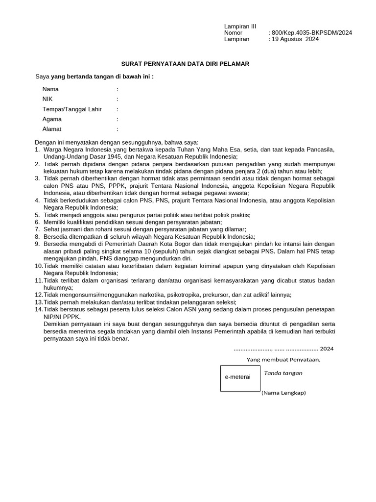 Lampiran III SURAT PERNYATAAN | PDF