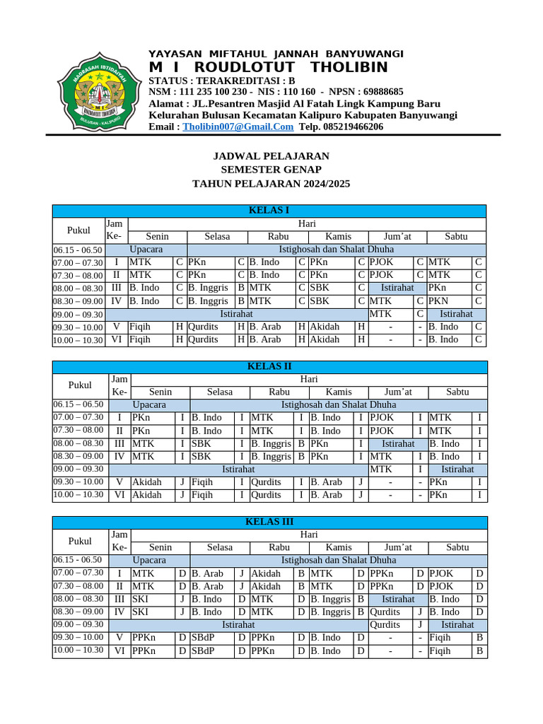 JADWAL PELAJARAN SEMESTER GENAP 2024-2025 | PDF