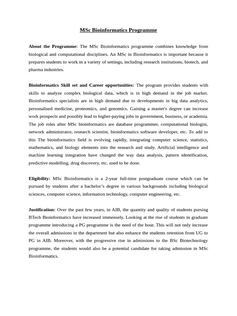 MSC Bioinformatics Programme | PDF