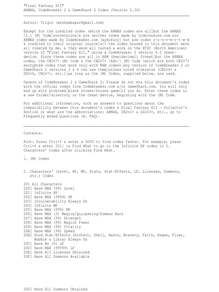 FF12 Cheat Codes and Game Enhancements | PDF | Sword | Shield