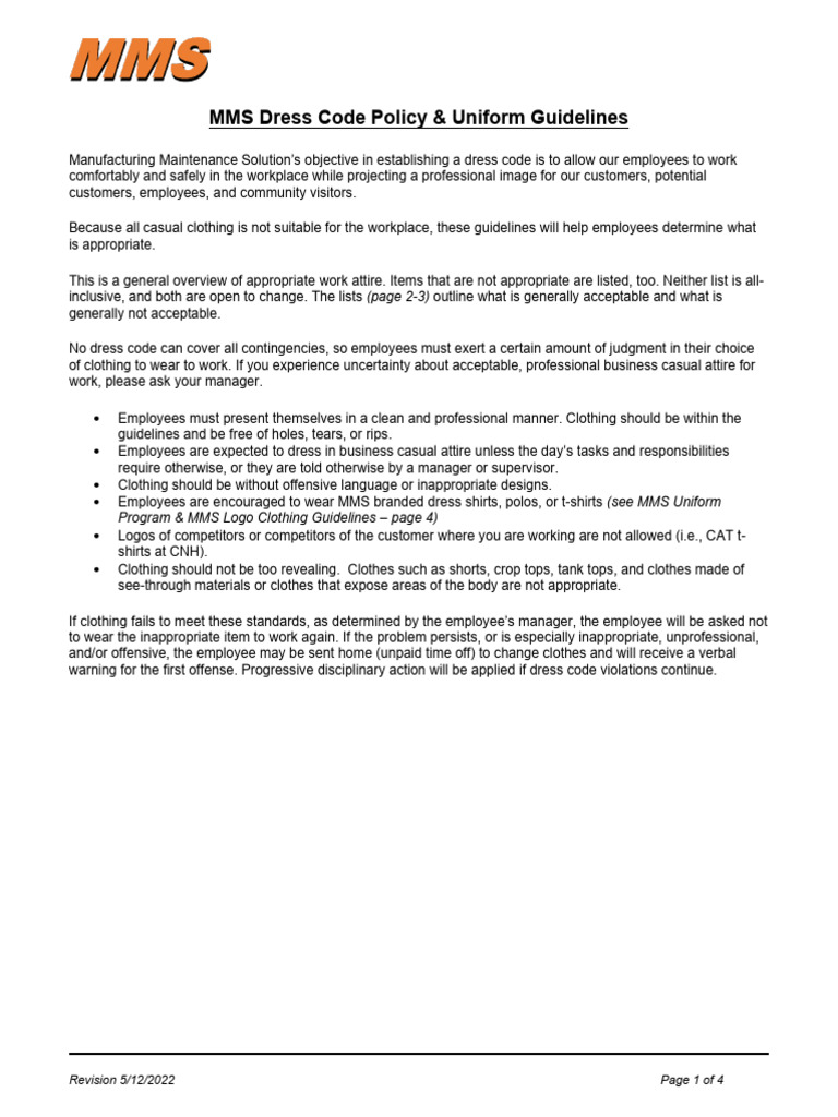 MMS Dress Code and Uniform Guidelines | PDF | Trousers | Clothing