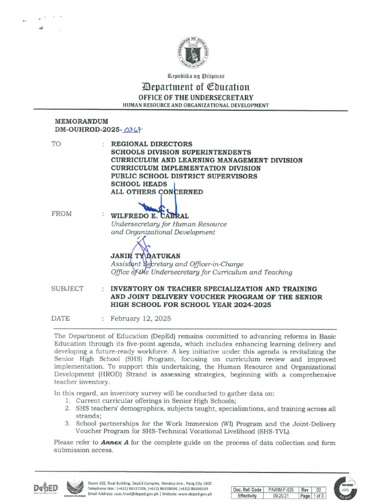 (Dm-Ouhrod-2025-0367) Inventory On Teacher Specialization & Training ...