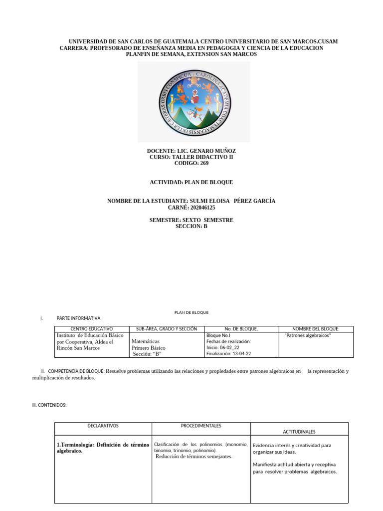 Plan de Bloque: Patrones Algebraicos | PDF | Ecuaciones | Sistema de ecuaciones lineales