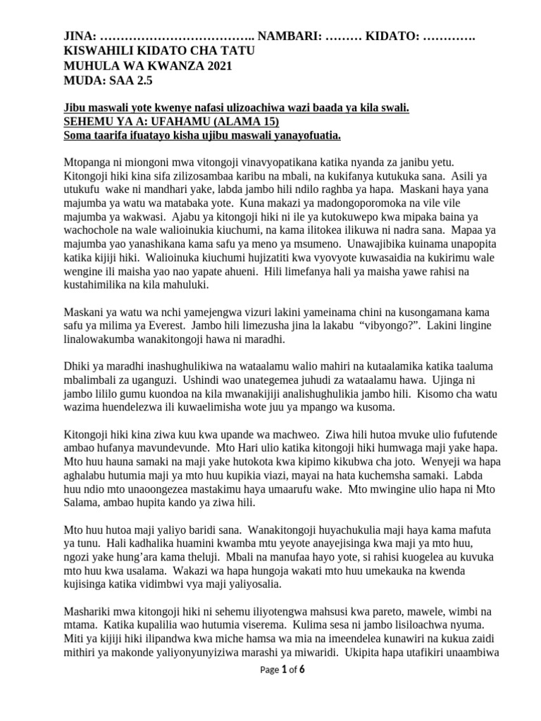 Set2 Kisw MidTerm 1 2021 Teacher.co .Ke F3 Exam | PDF