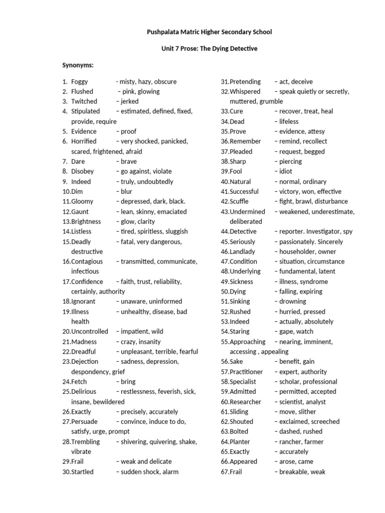 Dying Detective Prose Vocabulary Guide | PDF | Sherlock Holmes | Arthur ...