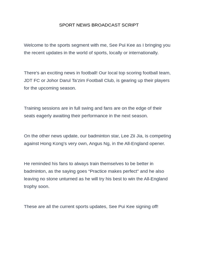 Sport News Broadcast Script | PDF